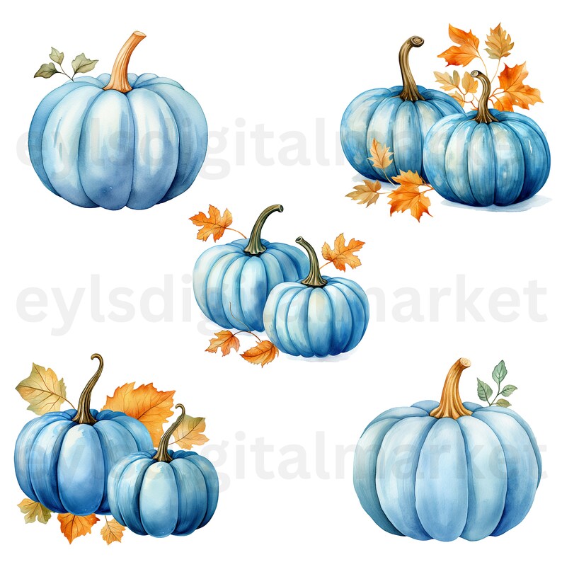 Watercolor Pastel Blue Pumpkin Clipart, 15 High Quality PNG Bundle ...