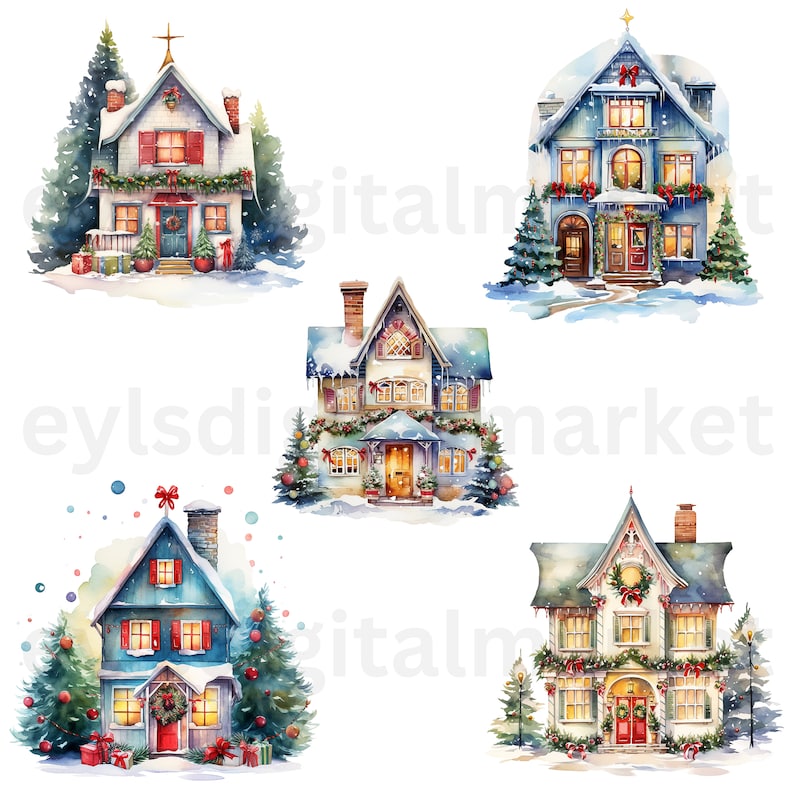 15 Watercolor Christmas House Clipart, Christmas Village PNG, Winter ...
