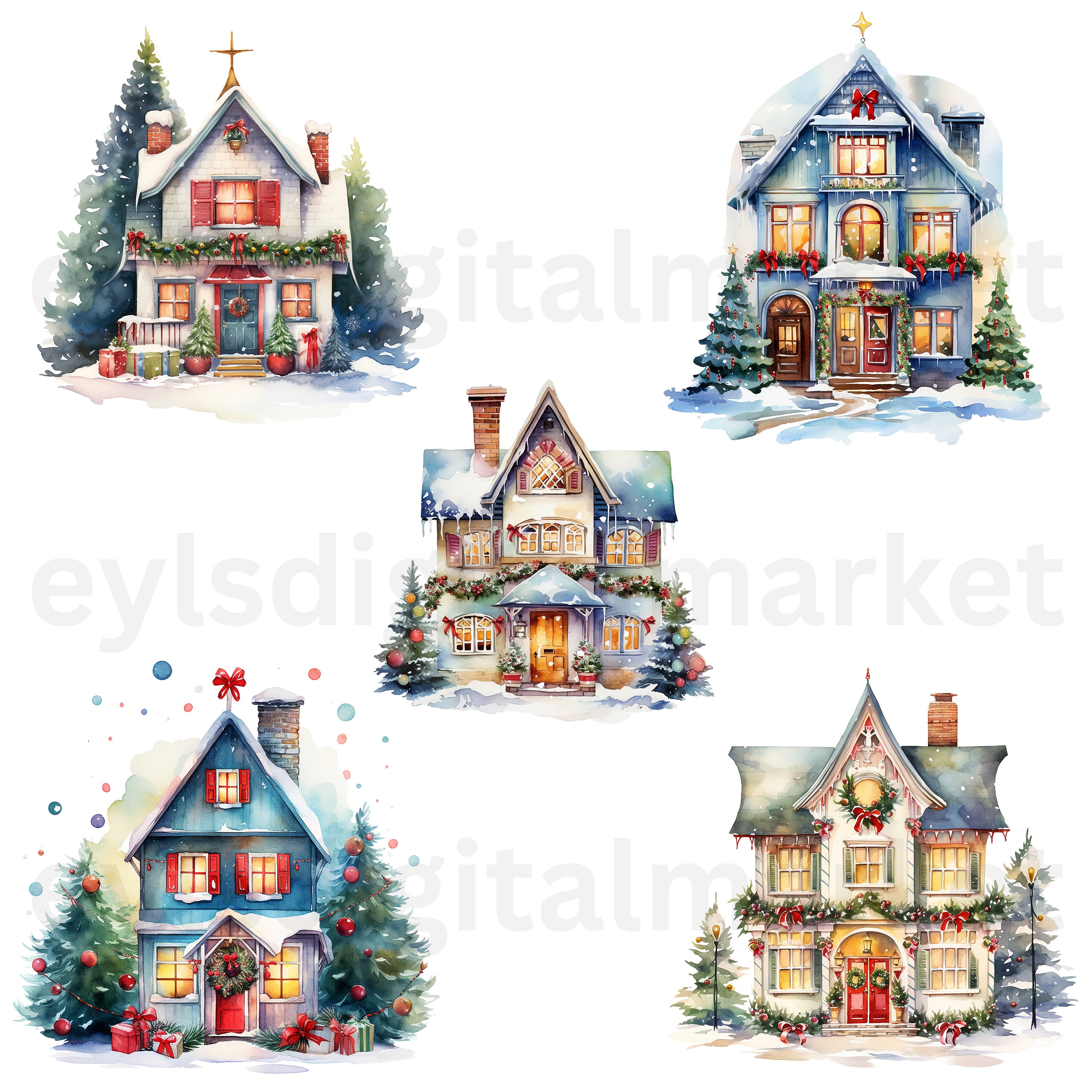 15 Watercolor Christmas House Clipart, Christmas Village PNG, Winter ...