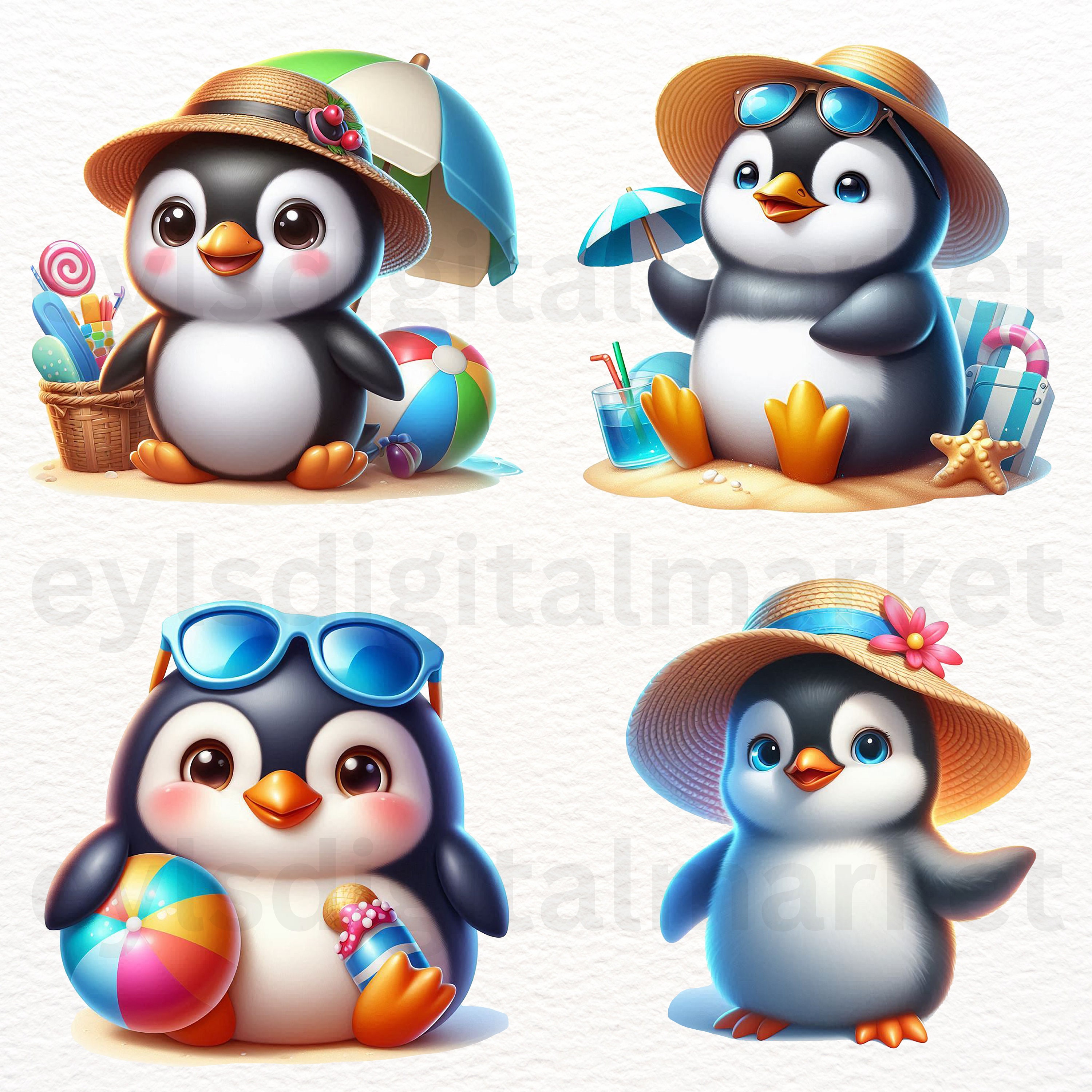 Penguin on Summer Vacation Clipart, 8 High Quality PNG Bundle, Funny ...