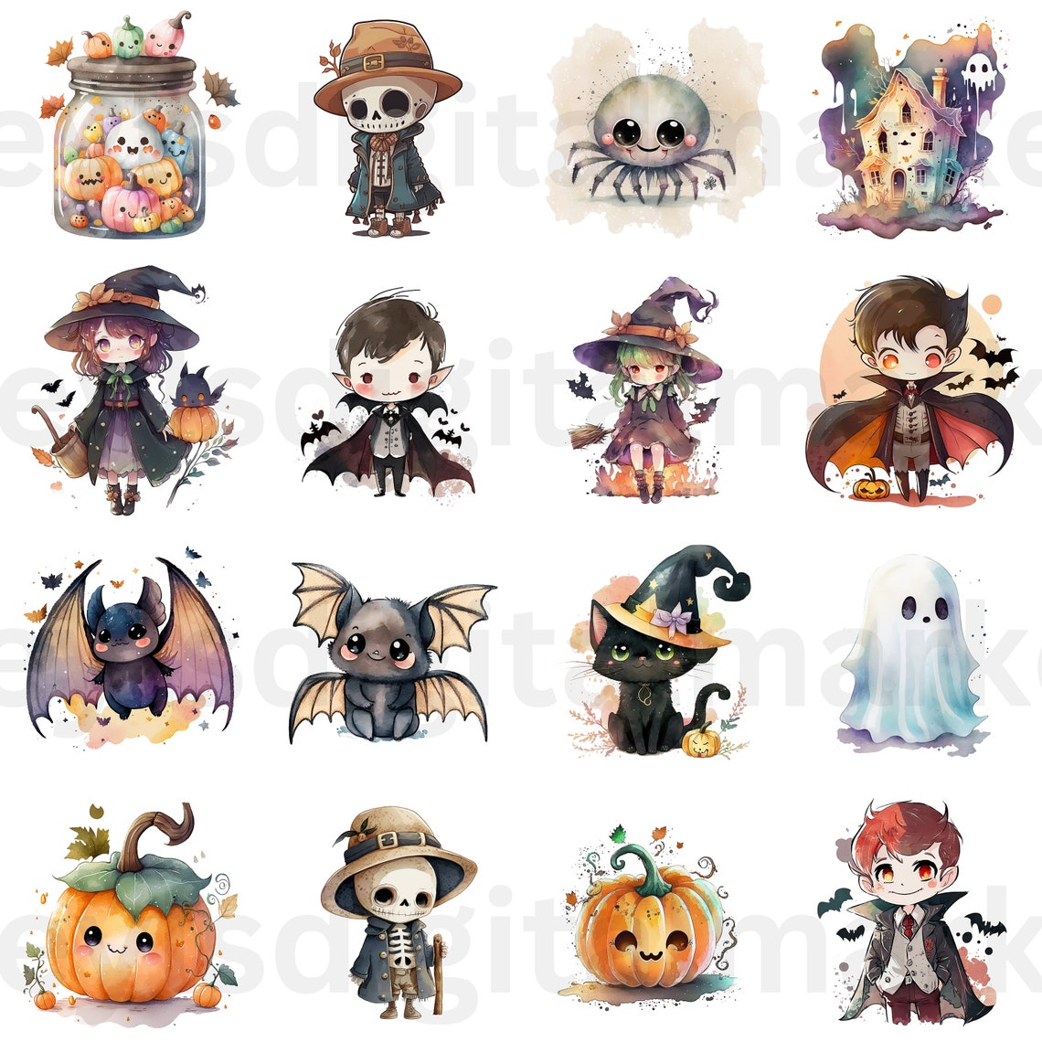 25 Watercolor Halloween Cute Clipart, Vampire Bat Witch Pumpkin Clipart ...