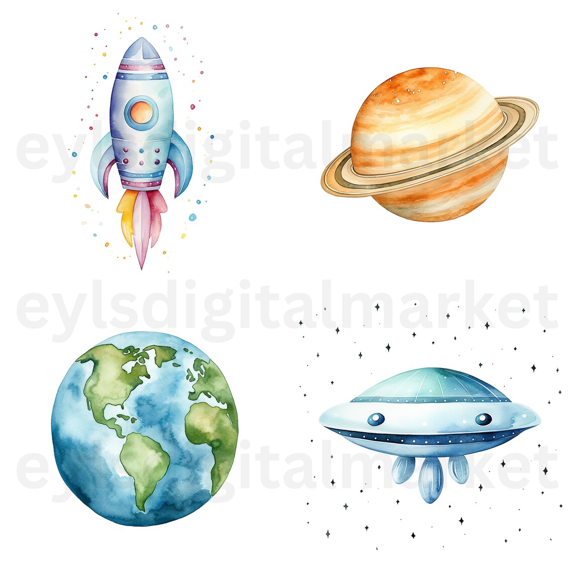 Watercolor Cute Space Clipart, 25 High Quality PNG Bundle, Sun Alien ...
