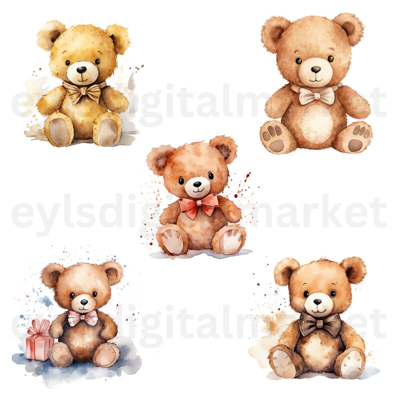 Watercolor Cute Teddy Bear Clipart, 20 High Quality PNG Bundle, Baby ...
