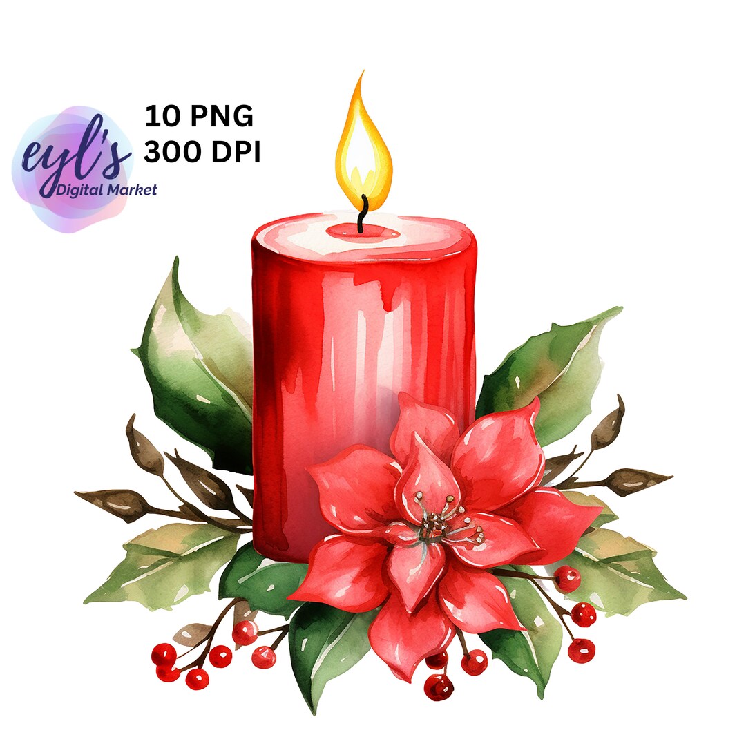 Watercolor Cute Christmas Candle Clipart, 10 High Quality PNG Bundle ...