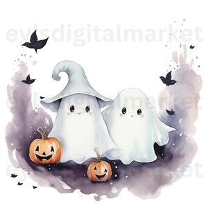 35 Watercolor Halloween Cute Cartoon Characters Clipart, Witch Ghost ...