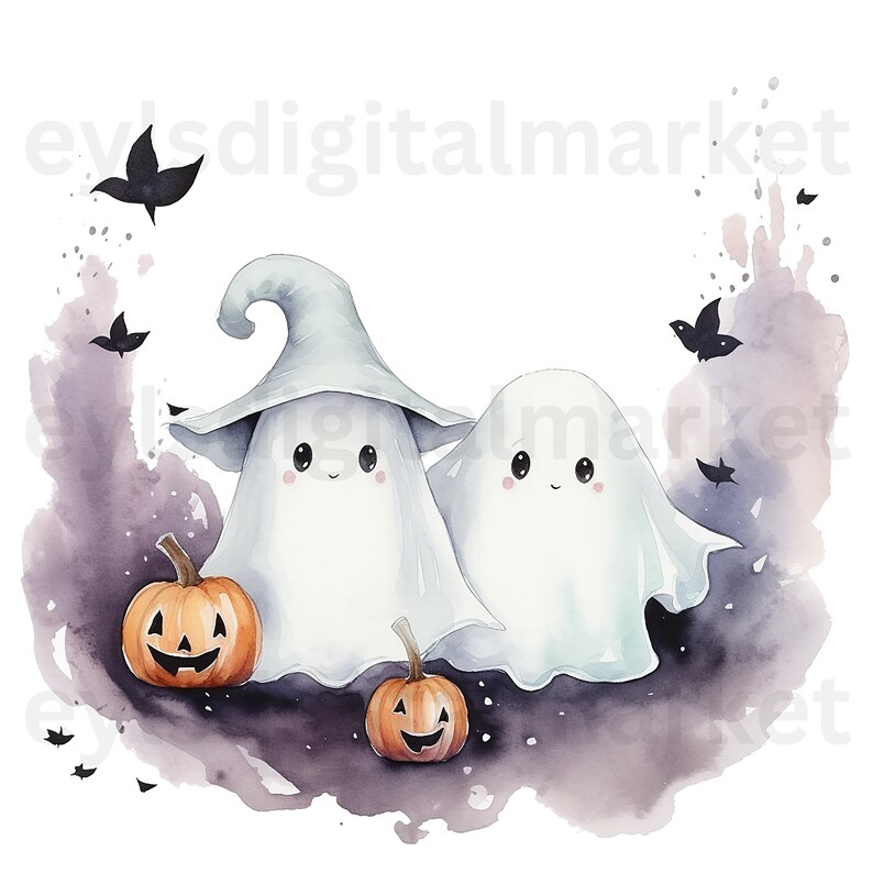 35 Watercolor Halloween Cute Cartoon Characters Clipart, Witch Ghost ...