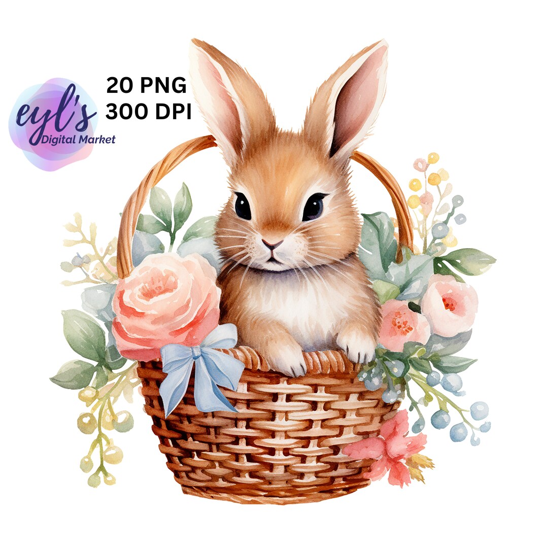 Watercolor Cute Bunny Basket Clipart, 20 High Quality PNG Bundle ...