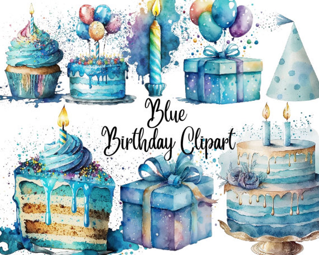 Watercolor Blue Birthday Party Cake Present Balloons Clipart - Etsy