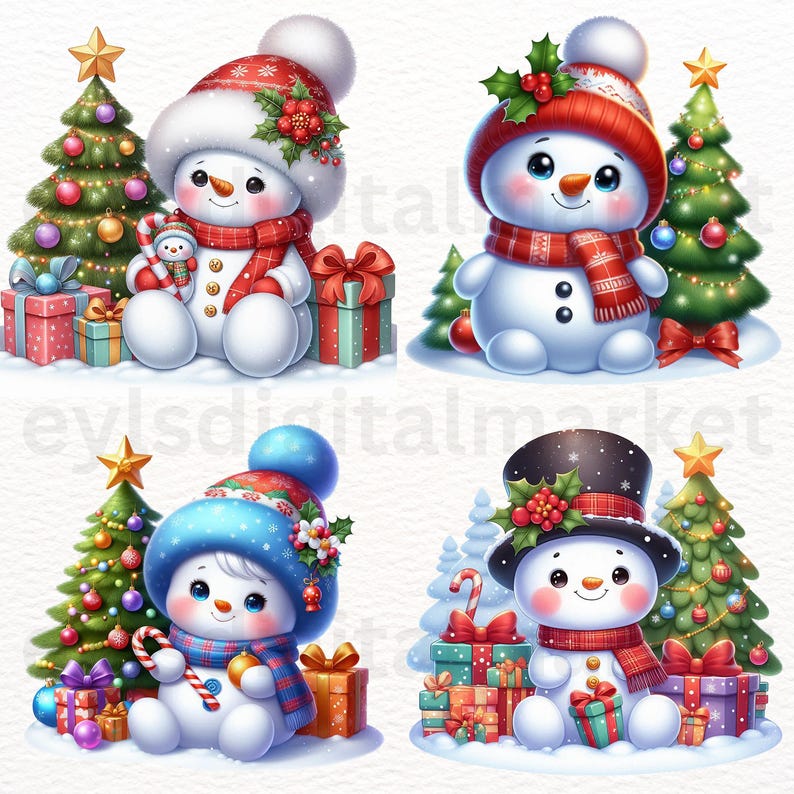 Christmas Snowman Clipart, 12 High Quality PNG Bundle, Cute Winter ...