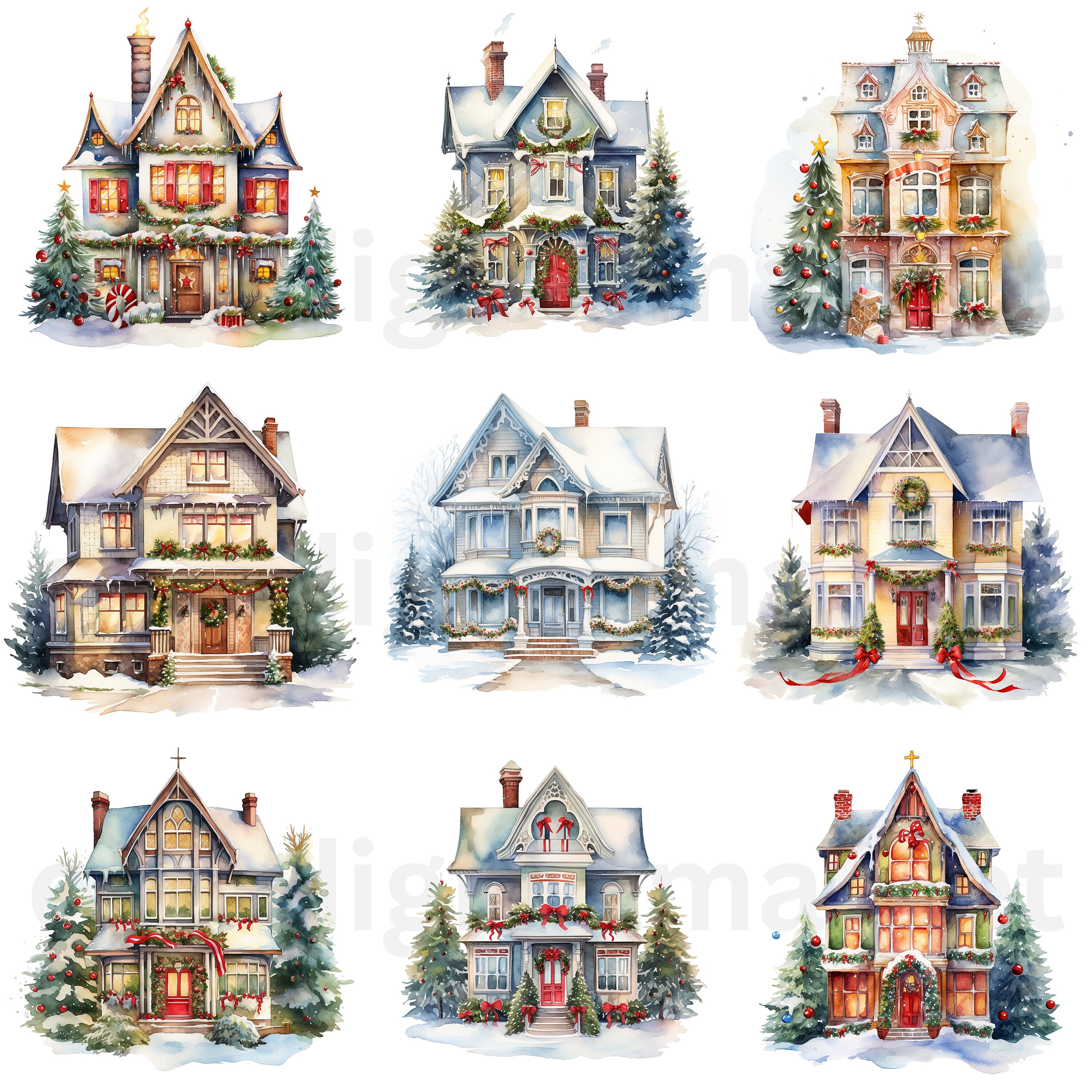 15 Watercolor Christmas House Clipart, Christmas Village PNG, Winter ...