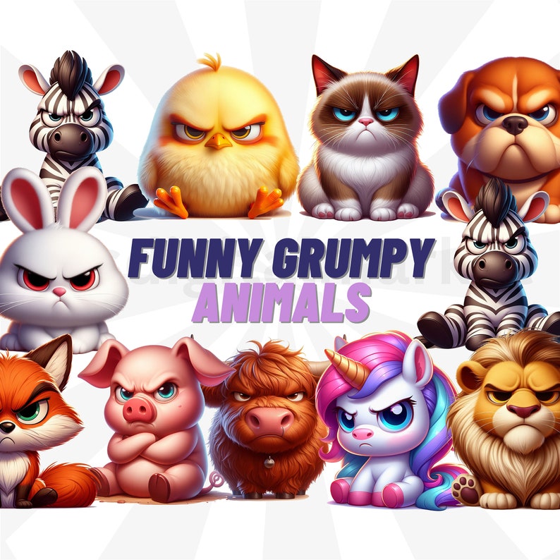 Funny Grumpy Animals Clipart, 23 High Quality PNG Bundle, Cartoon Pet ...