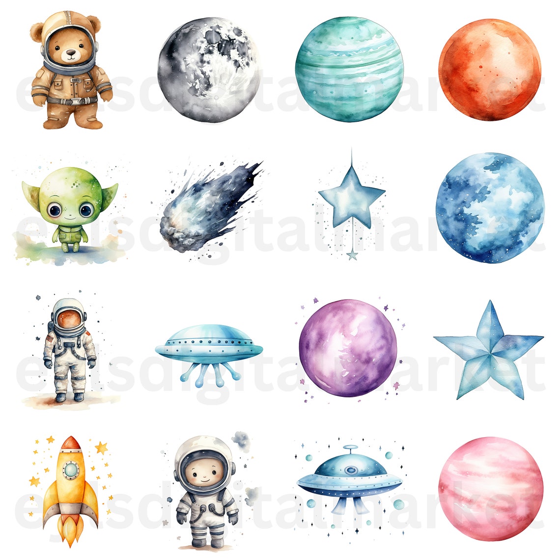 Watercolor Cute Space Clipart, 25 High Quality PNG Bundle, Sun Alien ...