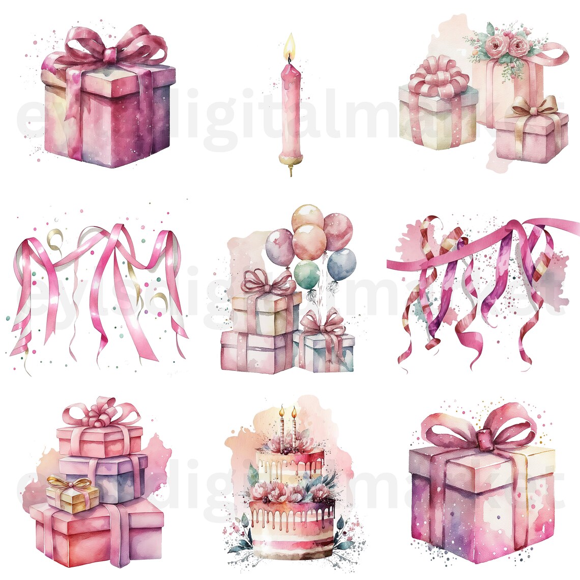 Watercolor Pink Birthday Party Cake Present Balloons Clipart Bundle of ...