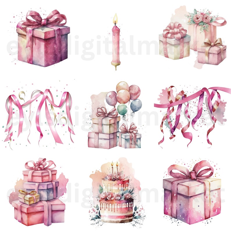 Watercolor Pink Birthday Party Cake Present Balloons Clipart Bundle of ...