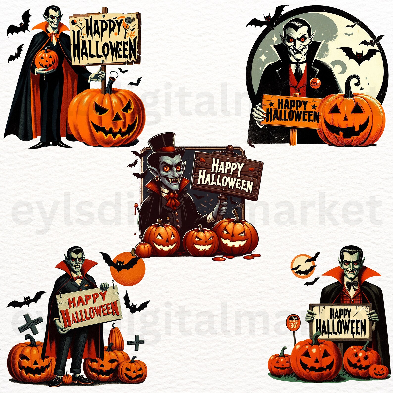 Happy Halloween Vampire Clipart, 6 High Quality PNG Bundle, Vintage ...