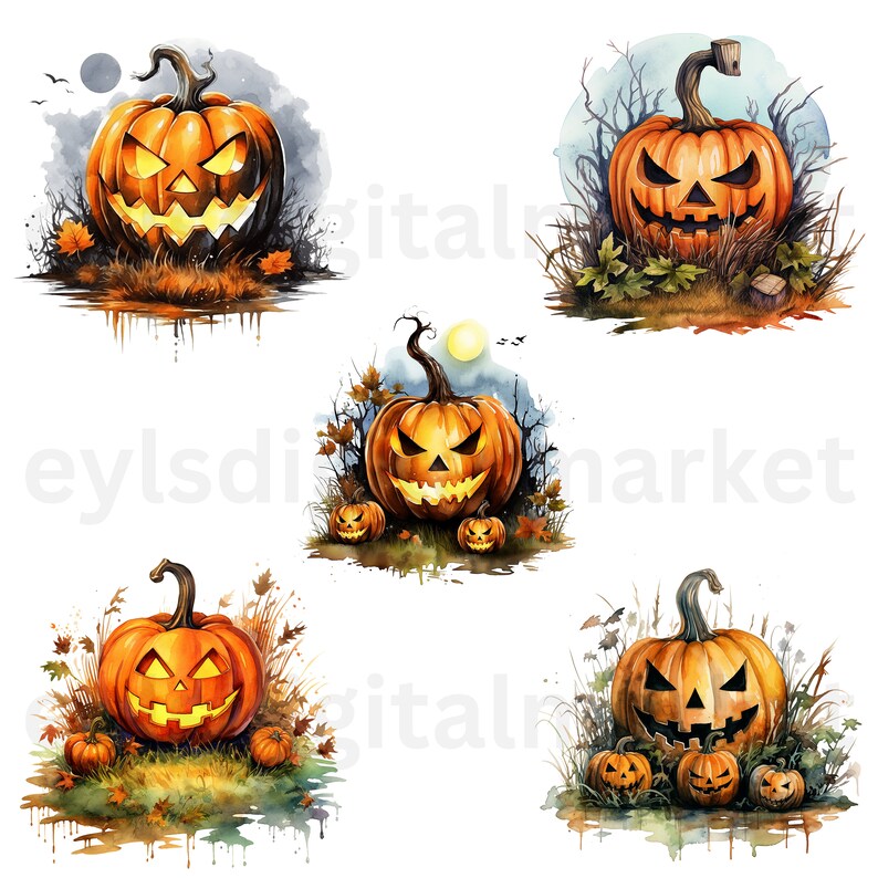 Watercolor Scary Halloween Pumpkin Clipart, 40 High Quality PNG Bundle ...