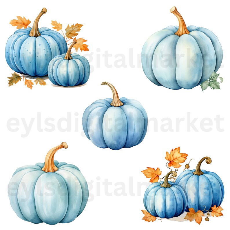 Watercolor Pastel Blue Pumpkin Clipart, 15 High Quality PNG Bundle ...