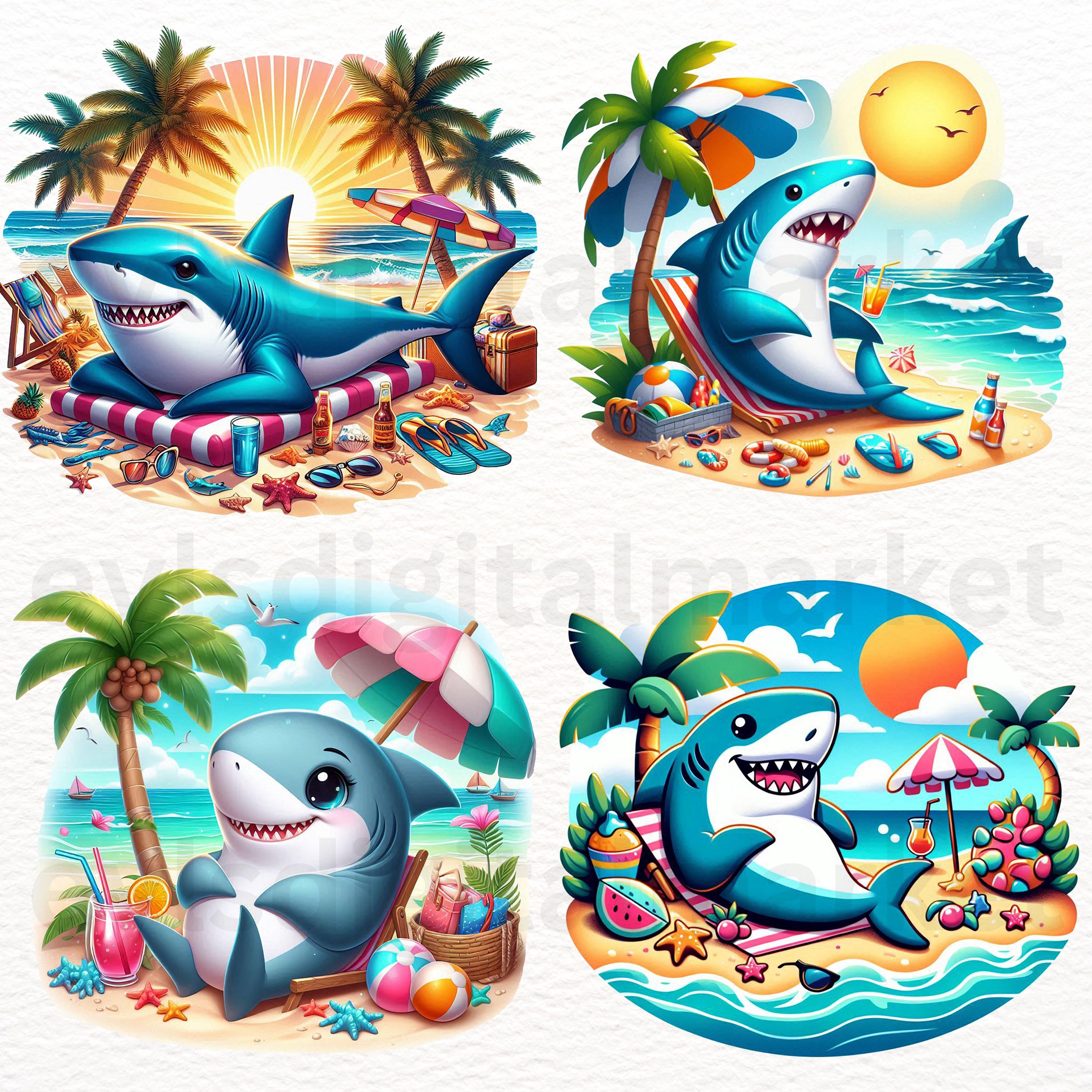 Shark on a Vacation Clipart, 10 High Quality PNG Bundle, Funny Animal ...