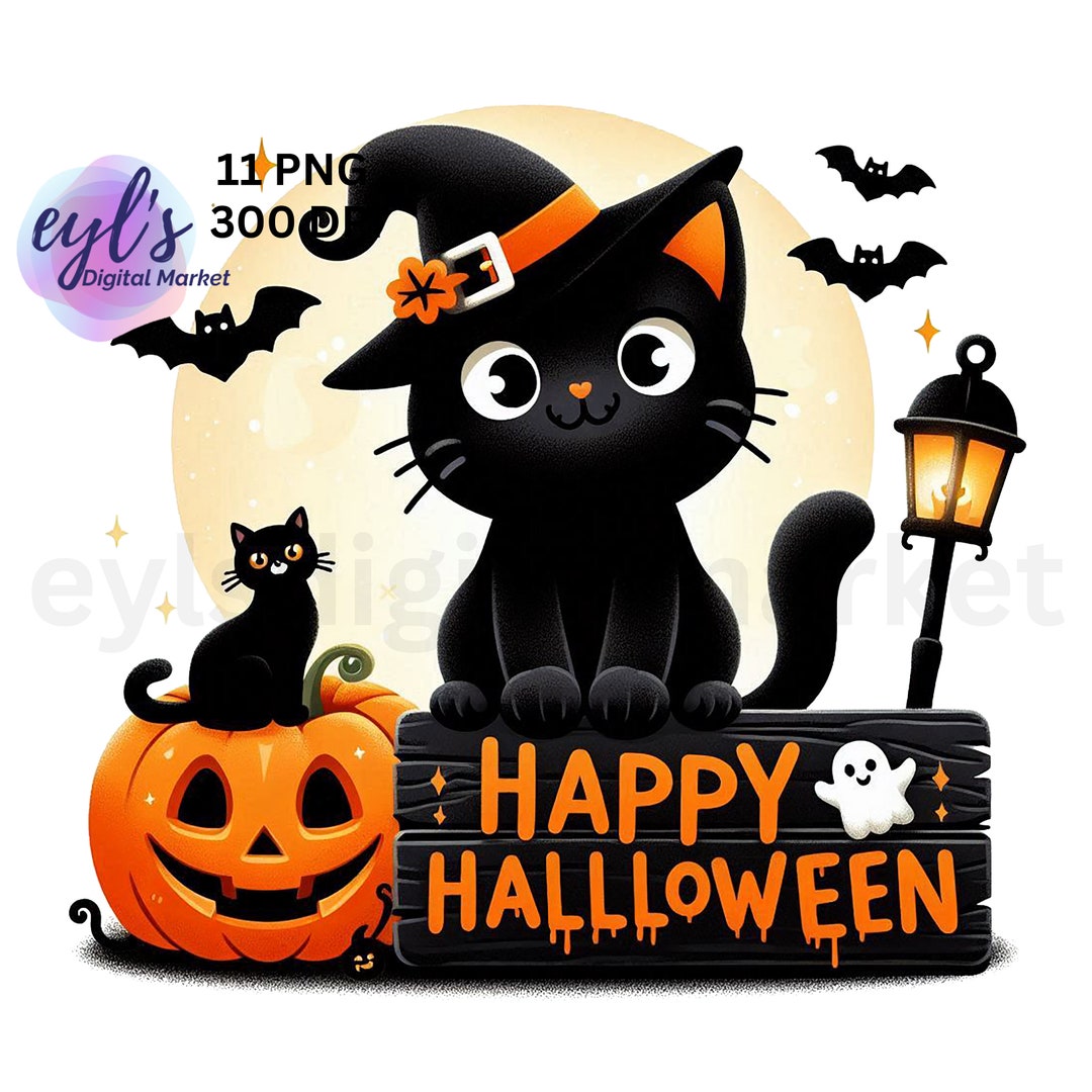 Happy Halloween Cat Clipart, 11 High Quality PNG Bundle, Spooky Vintage ...