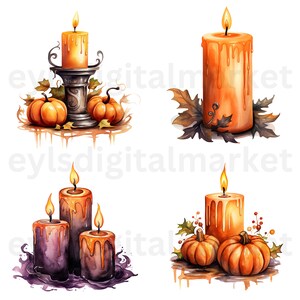 Watercolor Halloween Candle Clipart, 20 High Quality PNG Bundle, Autumn ...