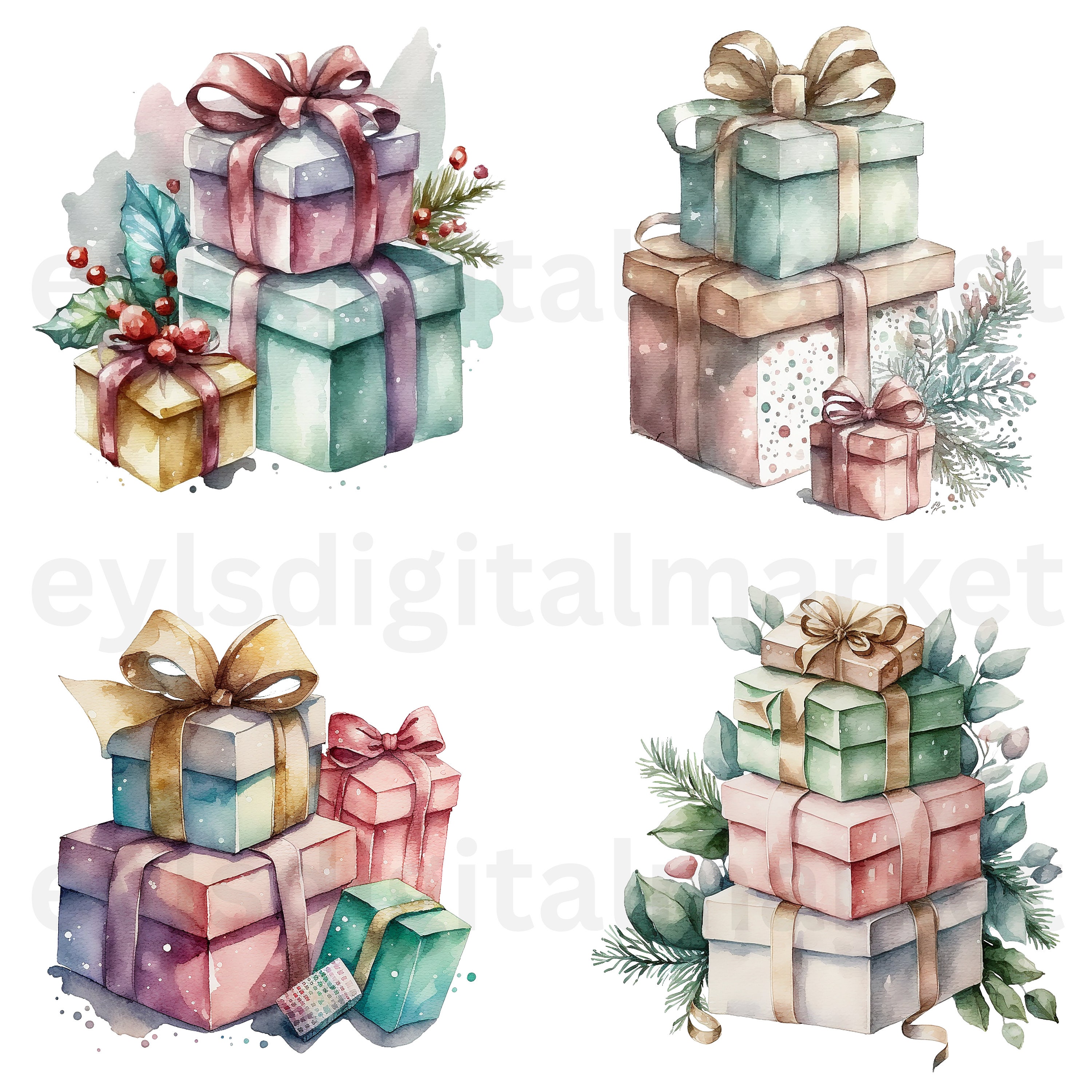 15 Watercolor Christmas Presents Clipart, Christmas Clipart, Winter ...
