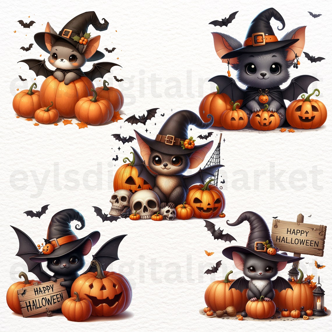 Happy Halloween Bat Clipart, 15 High Quality PNG Bundle, Vintage ...