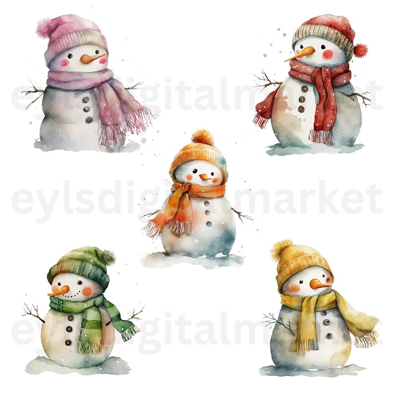 20 Watercolor Snowman Clipart, Christmas Clipart, Winter Holiday Pngs ...