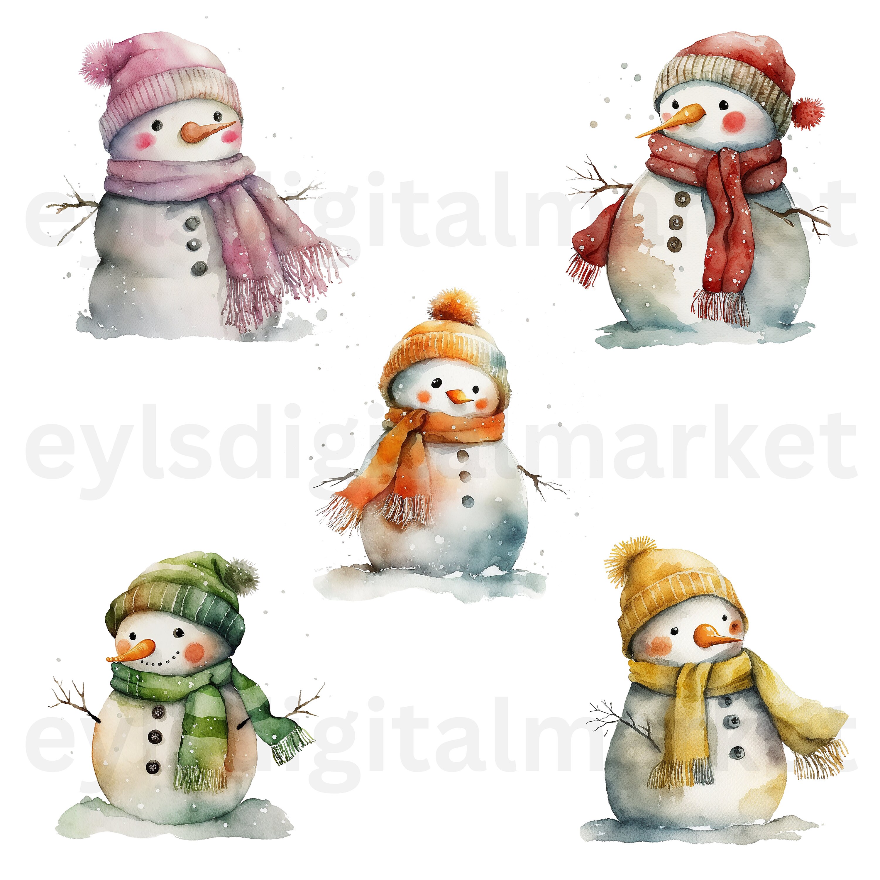 20 Watercolor Snowman Clipart, Christmas Clipart, Winter Holiday Pngs ...