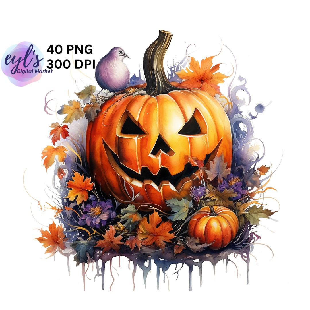 Watercolor Scary Halloween Pumpkin Clipart, 40 High Quality PNG Bundle ...