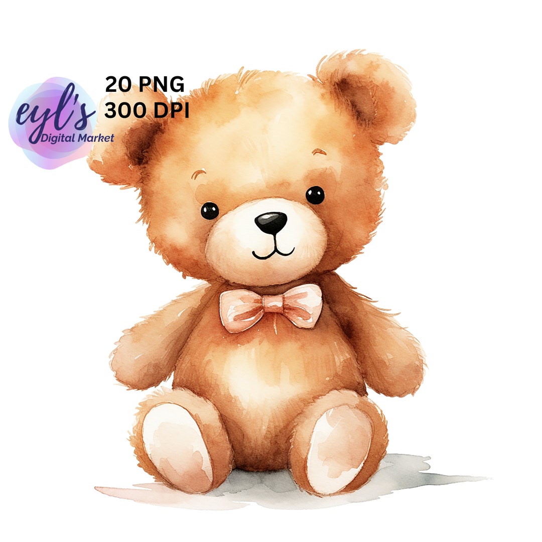 Watercolor Cute Teddy Bear Clipart, 20 High Quality PNG Bundle, Baby ...