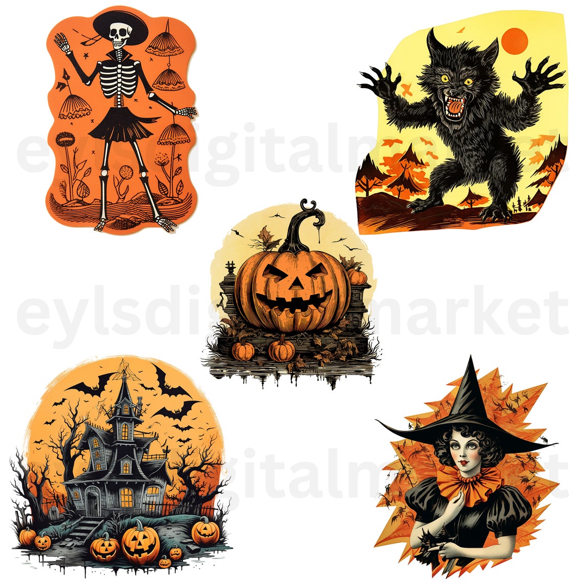 30 Vintage Halloween Clipart, 50s PNG Bundle, Witch Ghost Pumpkin Retro ...