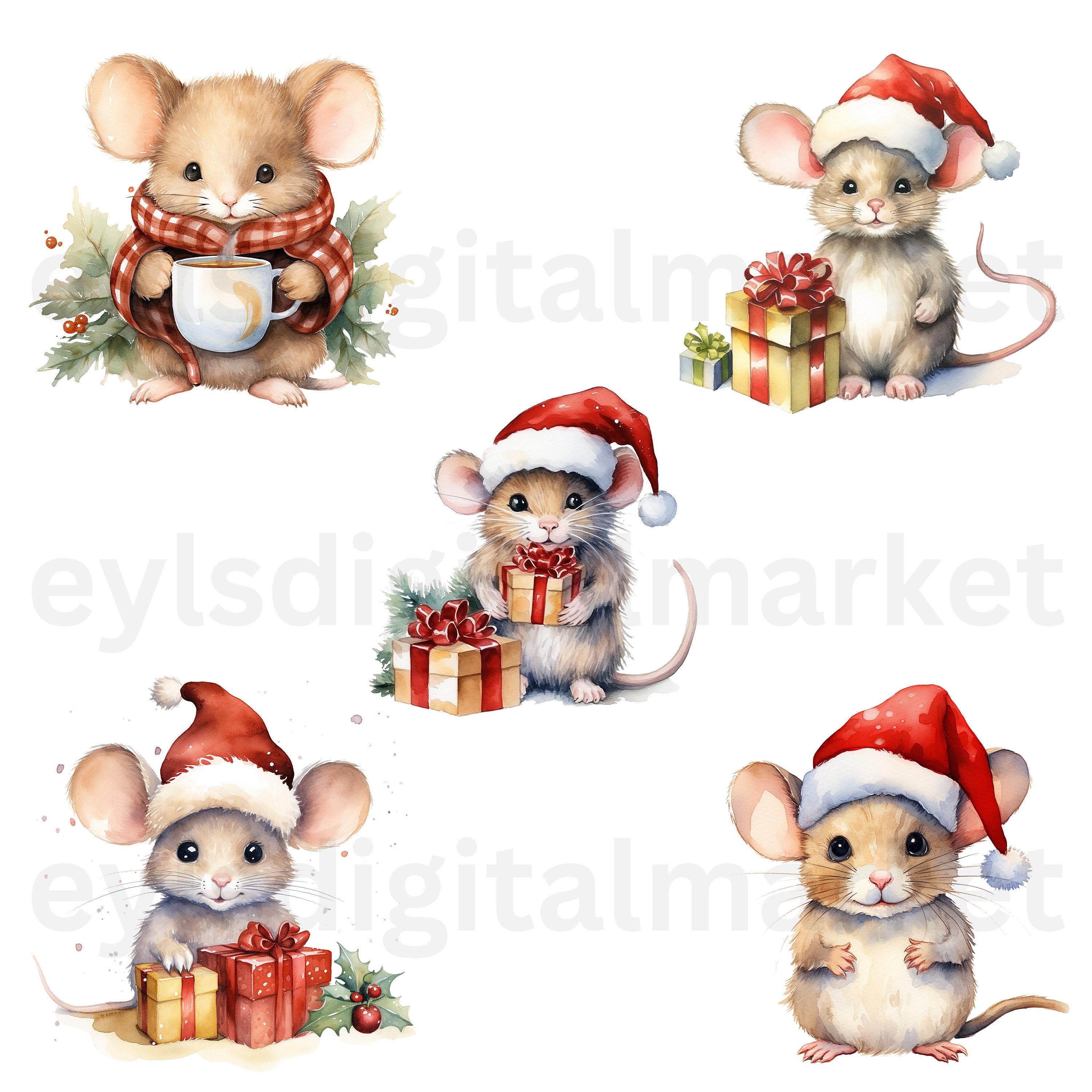 Watercolor Cute Mouse Clipart, 2 High Quality PNG Bundle, Mice With ...