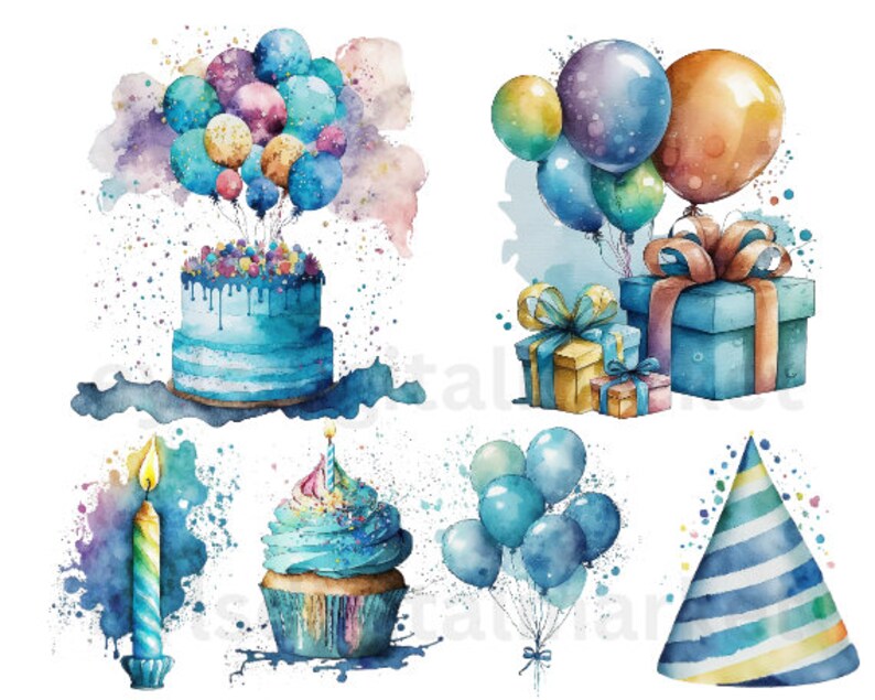 Watercolor Blue Birthday Party Cake Present Balloons Clipart - Etsy