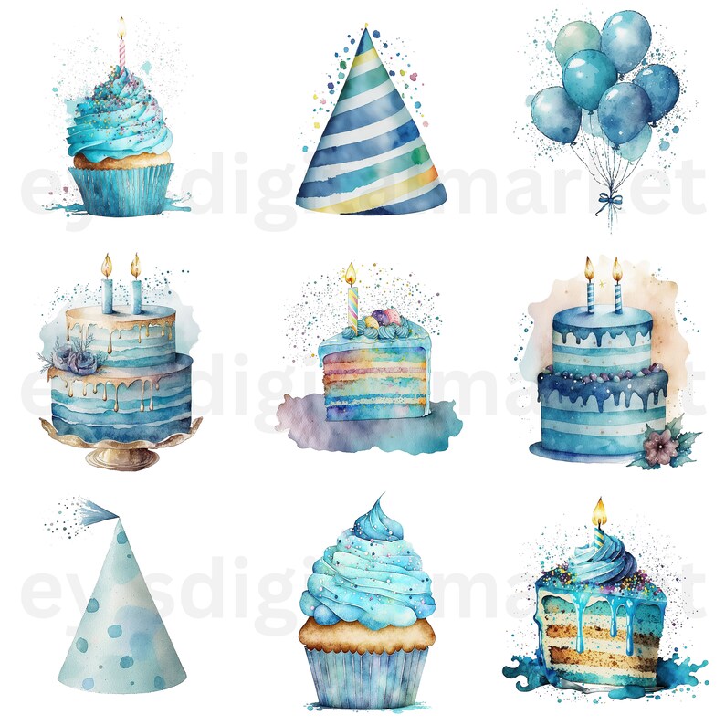 Watercolor Blue Birthday Party Cake Present Balloons Clipart Bundle of ...