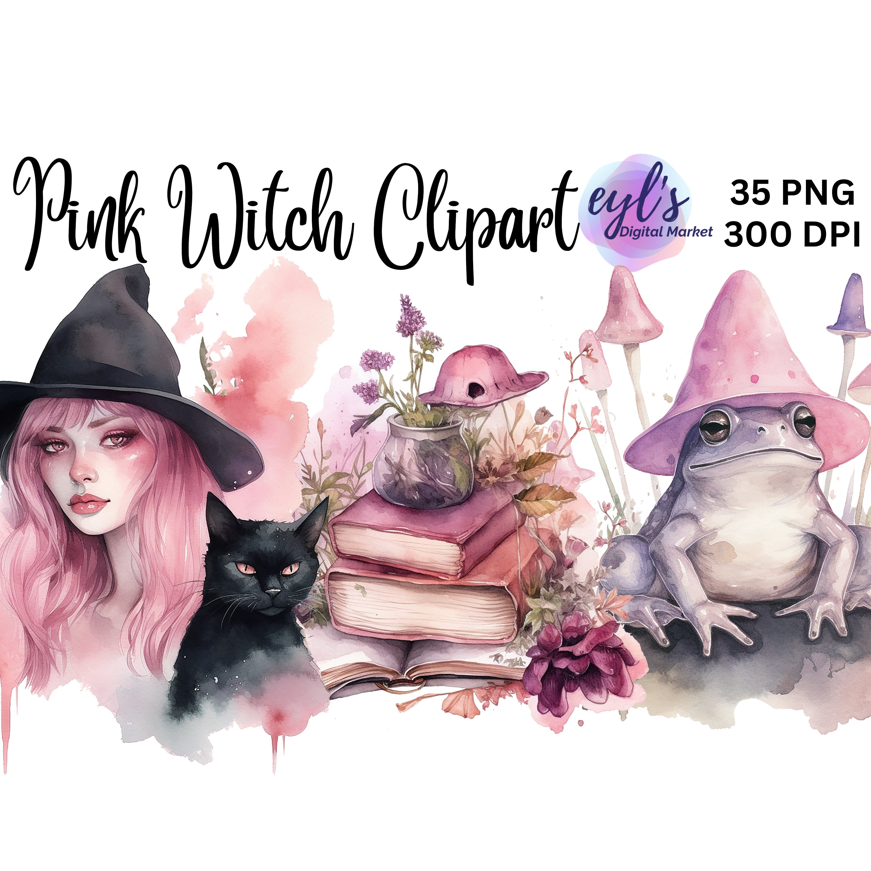 35 Watercolor Pink Witch Clipart, Magic Witch PNG Clip Art, Witches Png ...