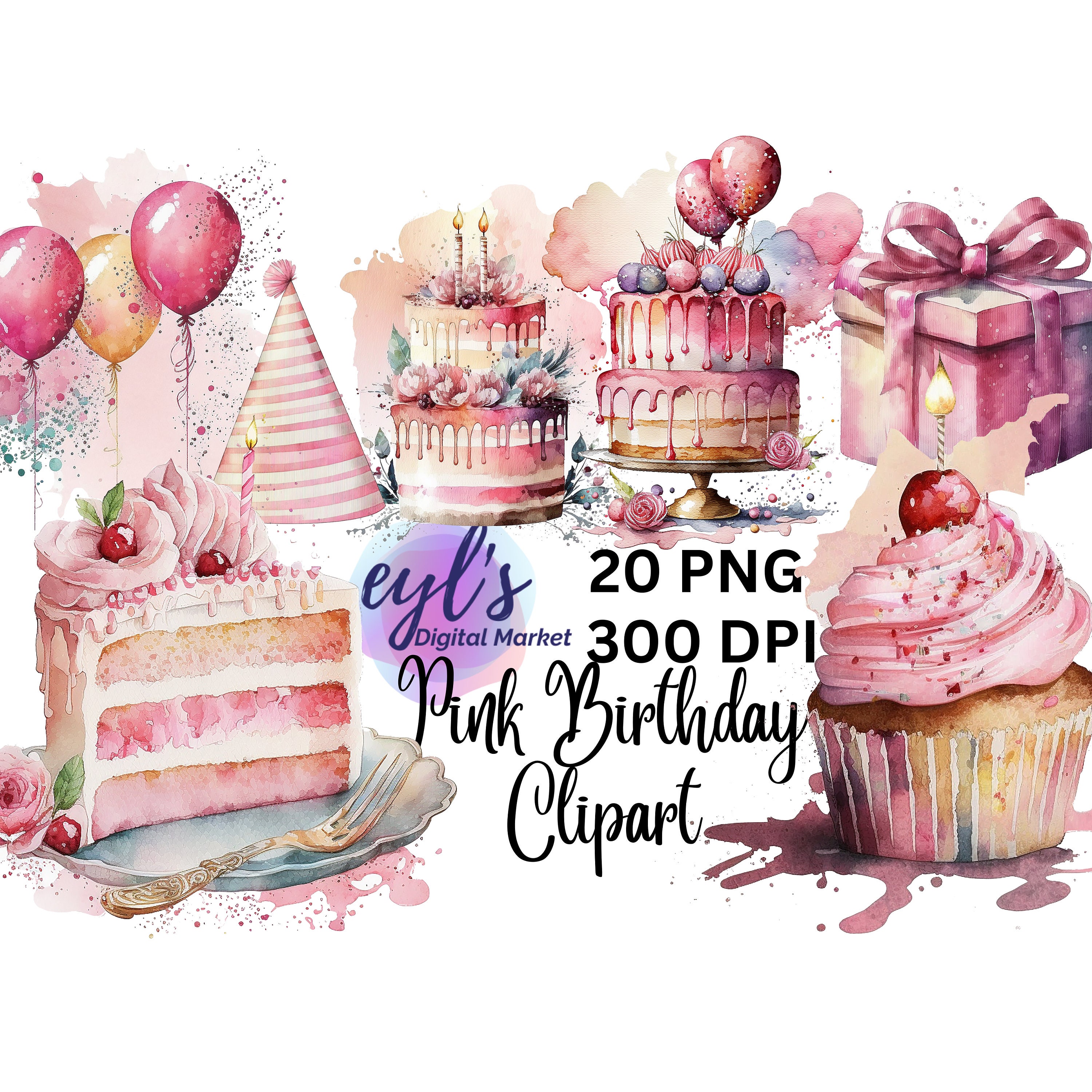 Watercolor Pink Birthday Party Cake Present Balloons Clipart Bundle of ...