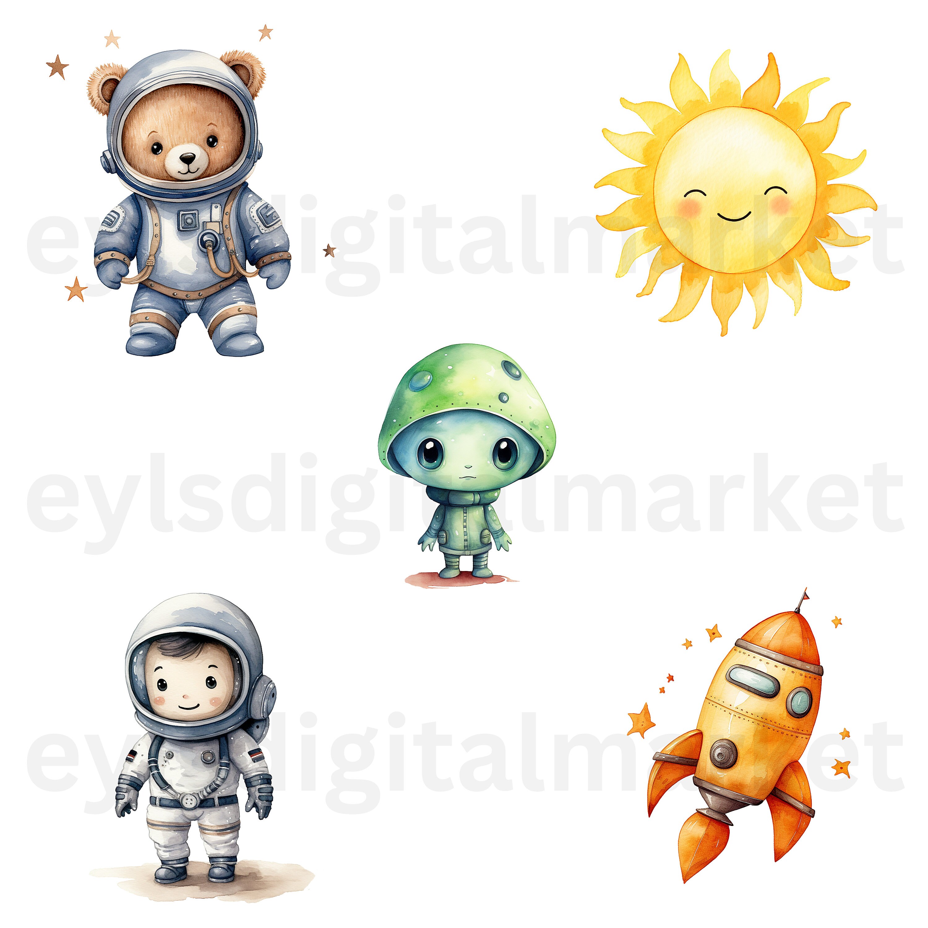 Watercolor Cute Space Clipart, 25 High Quality PNG Bundle, Sun Alien ...