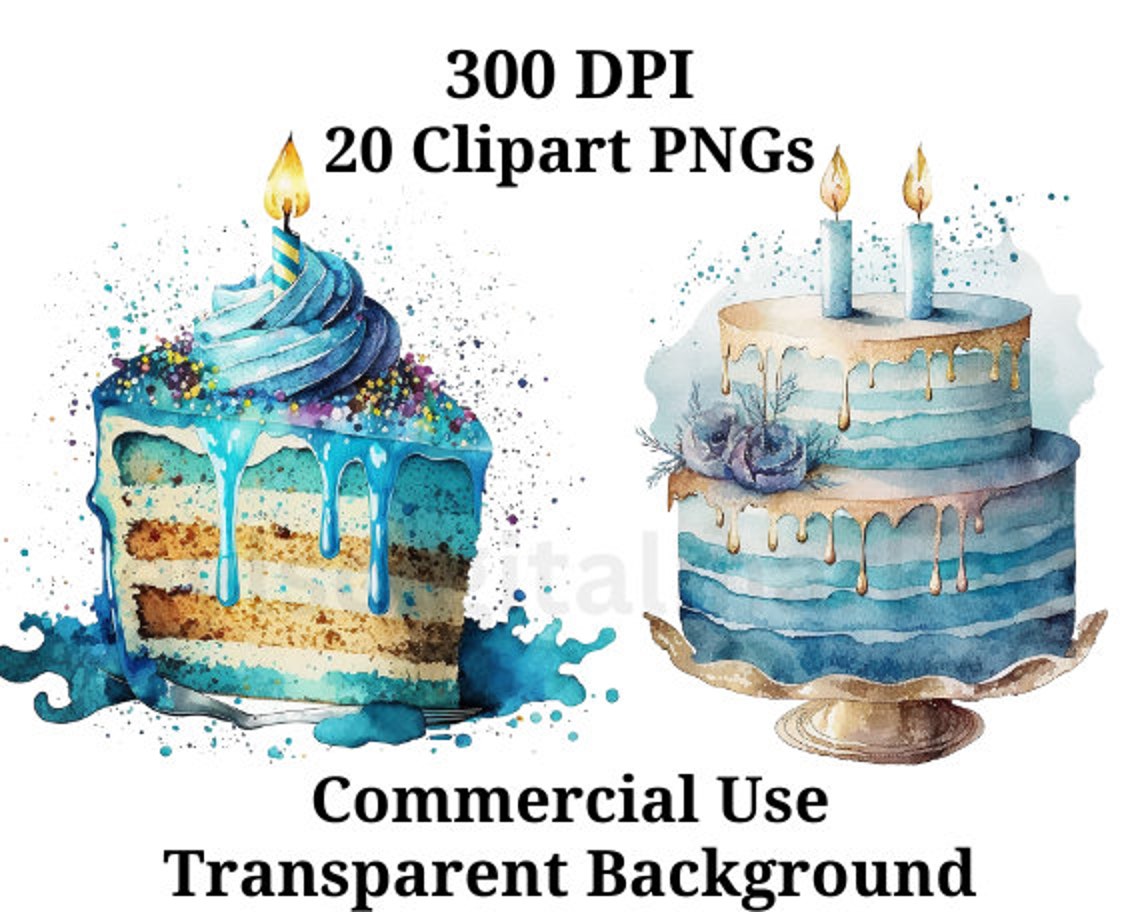 Watercolor Blue Birthday Party Cake Present Balloons Clipart - Etsy