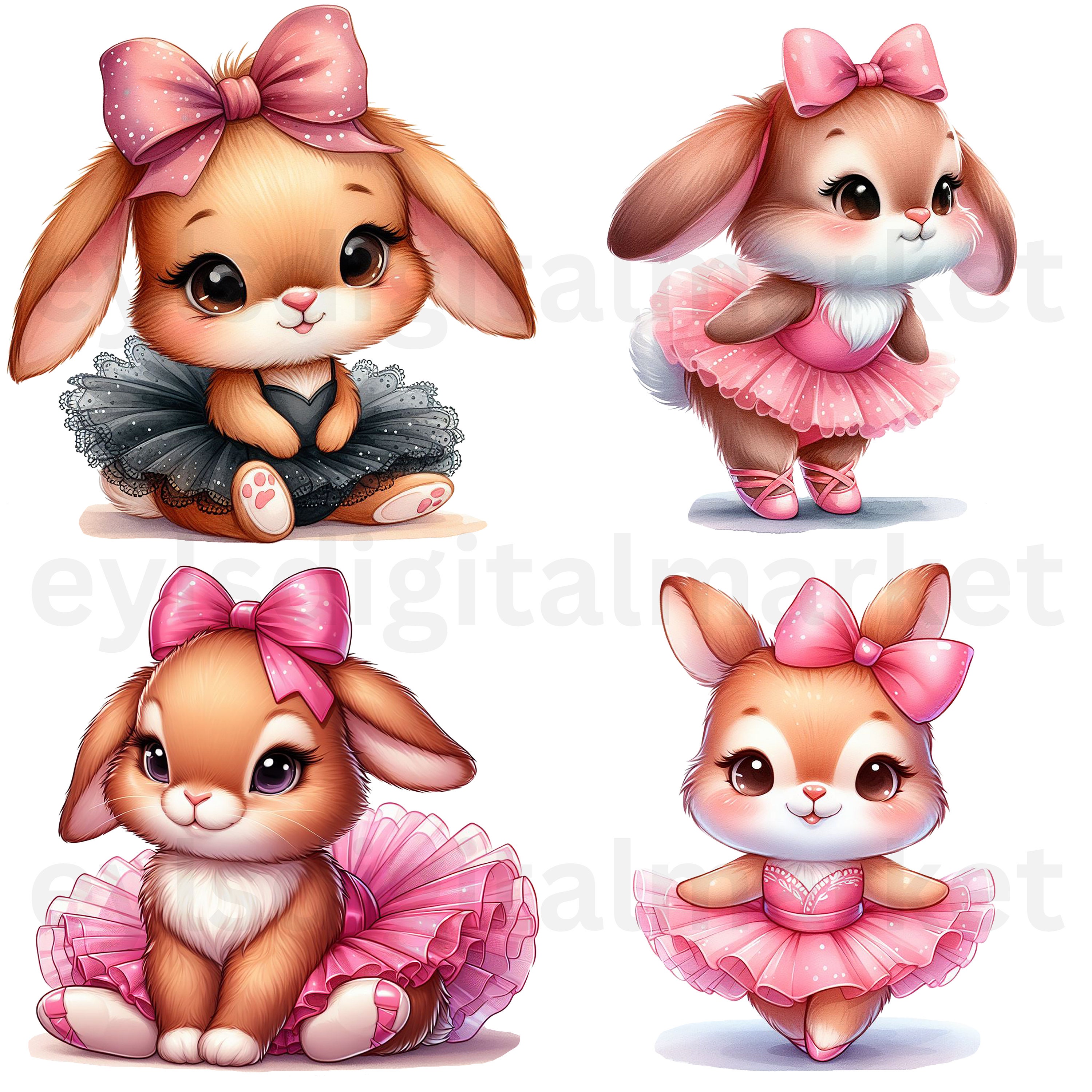Watercolor Cute Pink Ballerina Bunny Clipart, 16 High Quality PNG ...