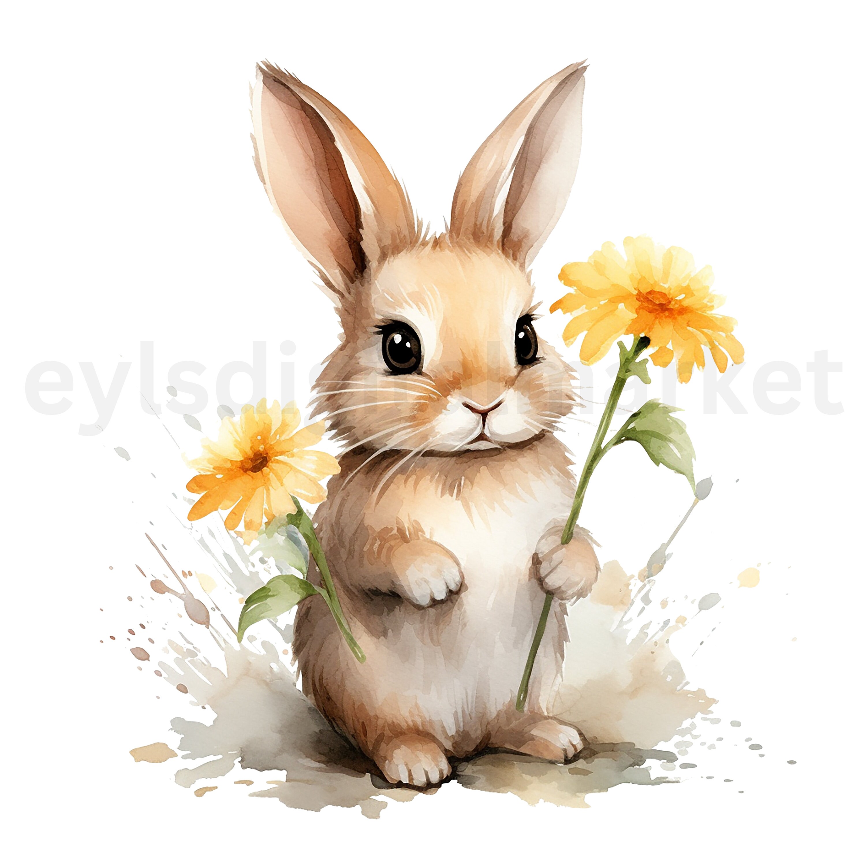 Watercolor Cute Bunny With Flowers Clipart, 22 High Quality PNG Bundle ...