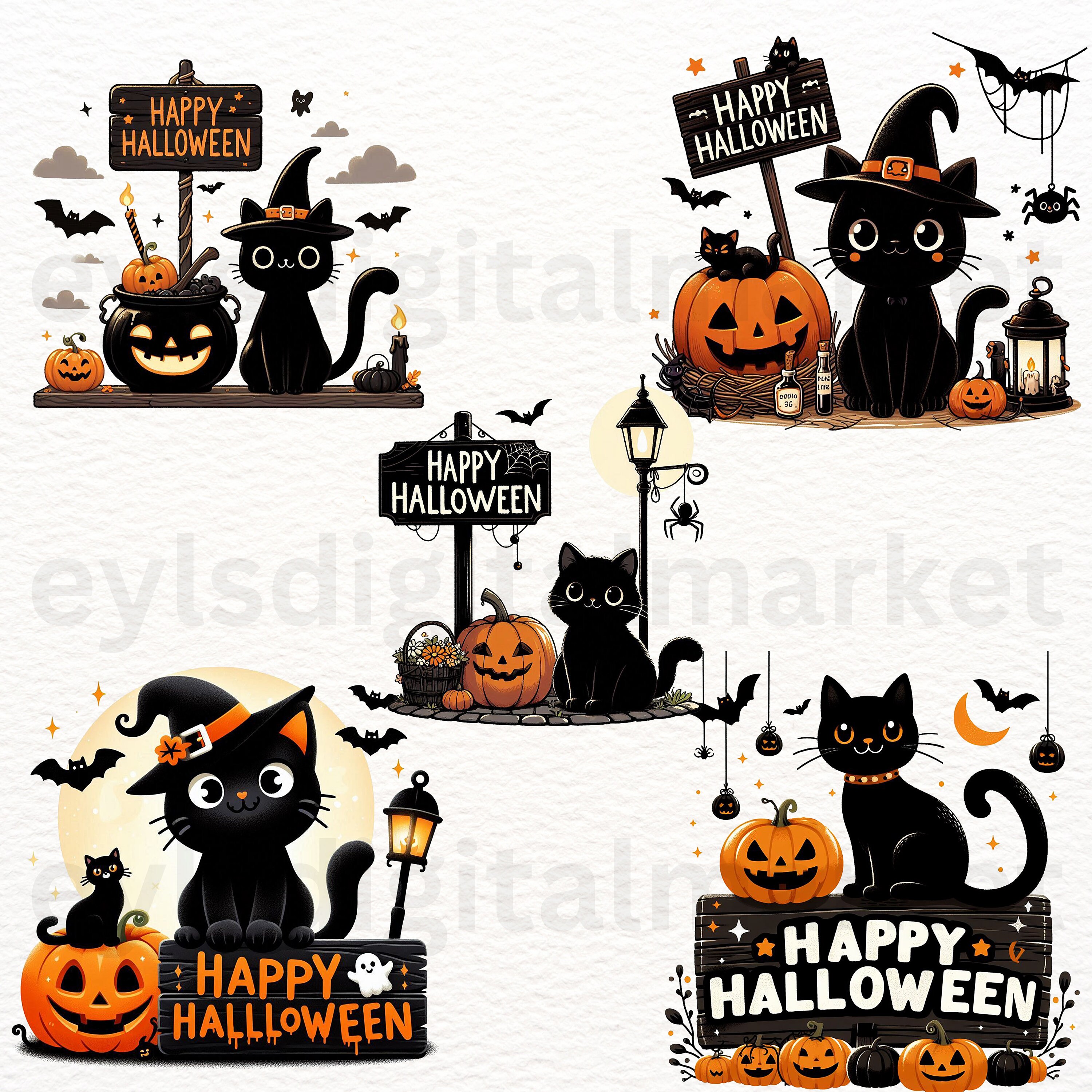 Happy Halloween Cat Clipart, 11 High Quality PNG Bundle, Spooky Vintage ...