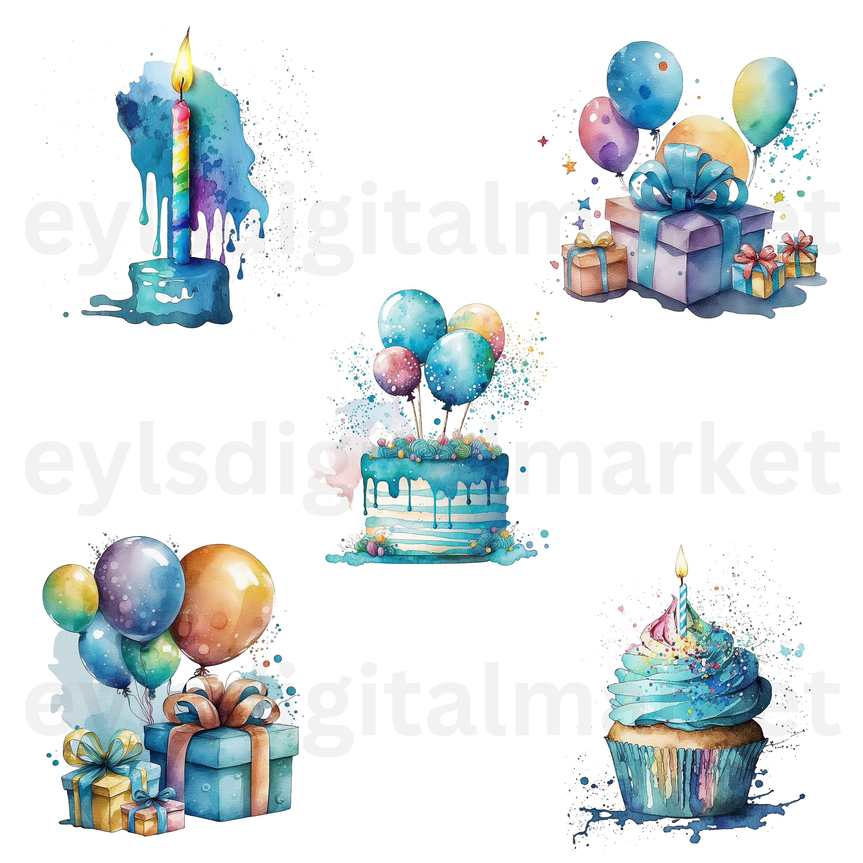 Watercolor Blue Birthday Party Cake Present Balloons Clipart Bundle of ...