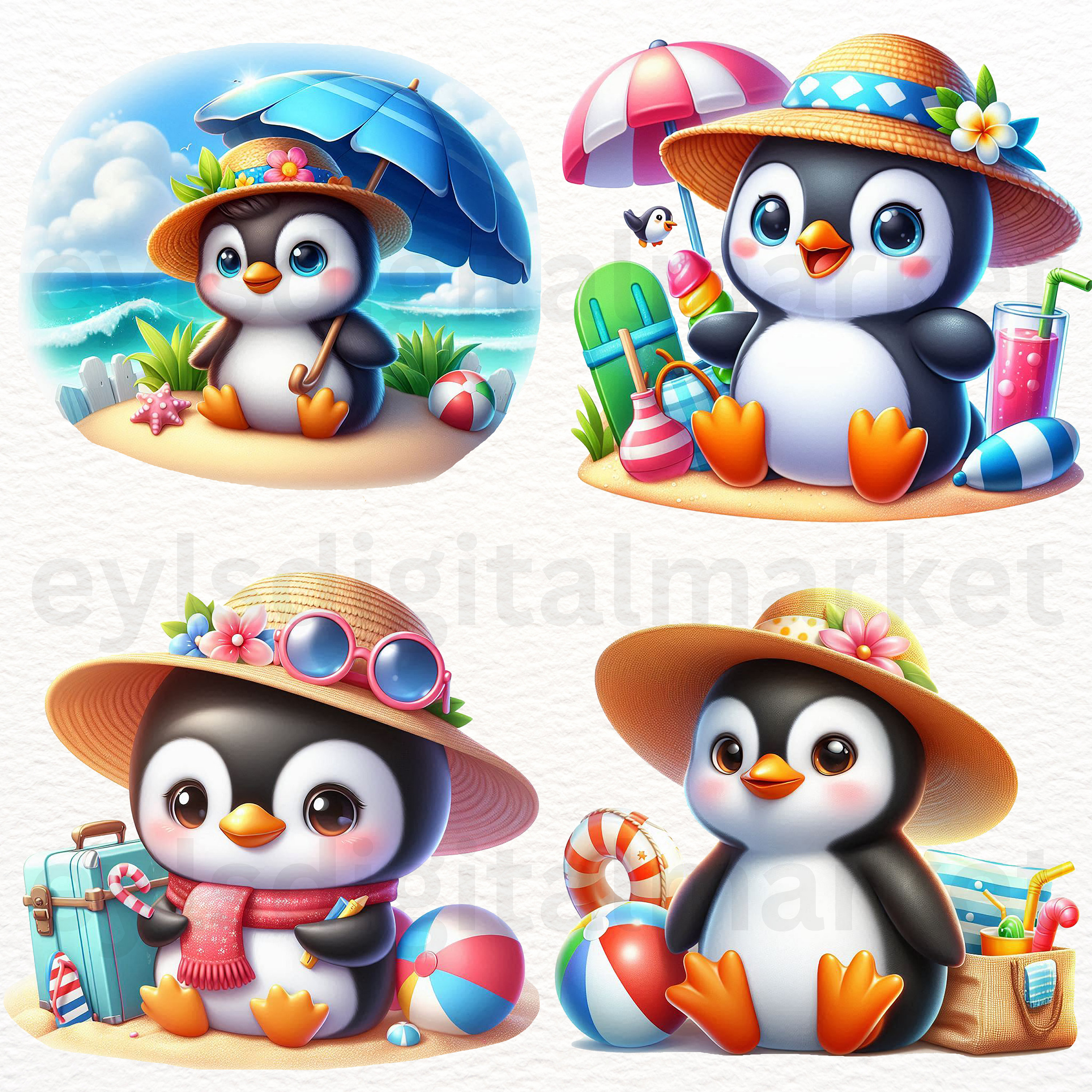 Penguin on Summer Vacation Clipart, 8 High Quality PNG Bundle, Funny ...