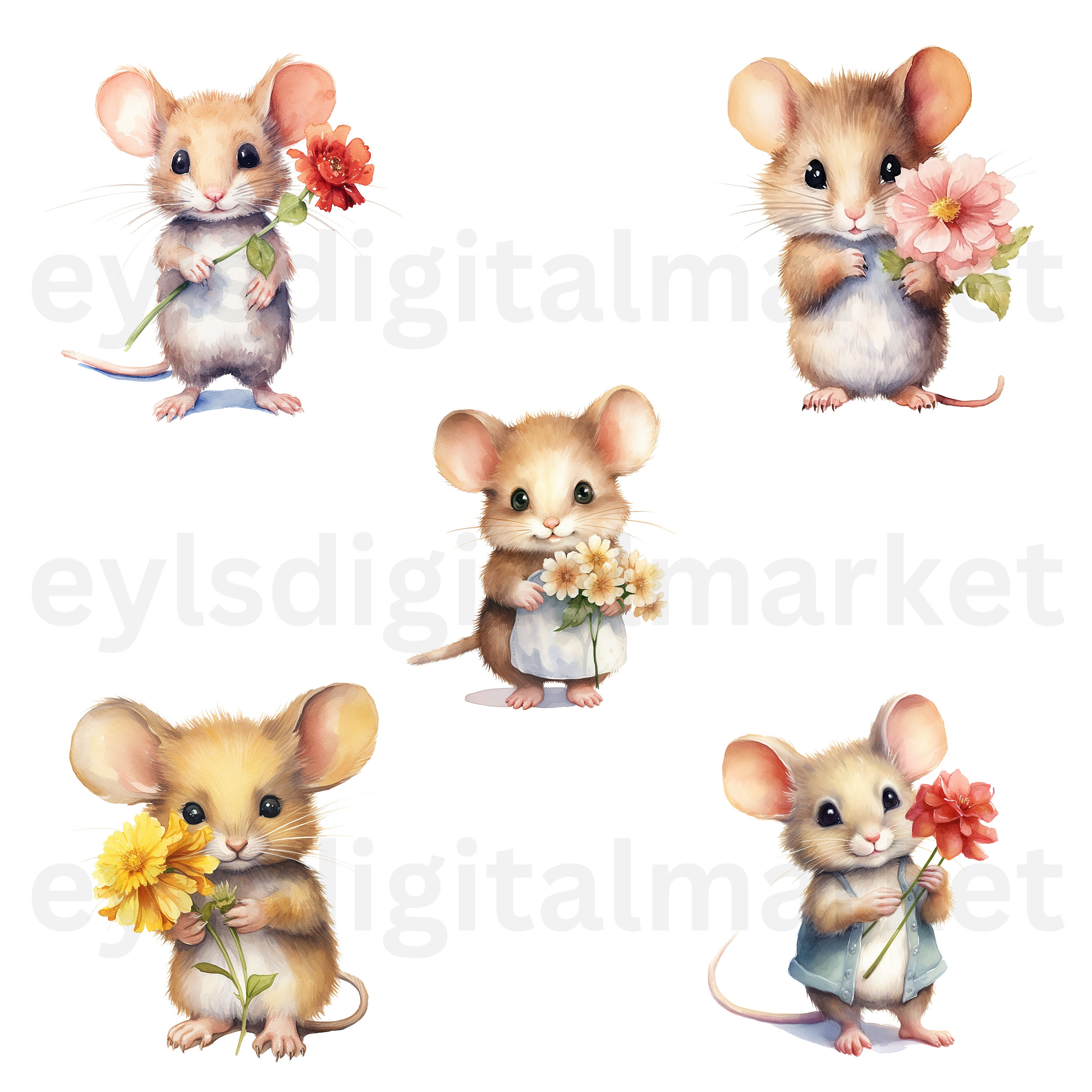 20 Watercolor Mouse and Flower Clipart, Cute Animal PNG, Card Making ...