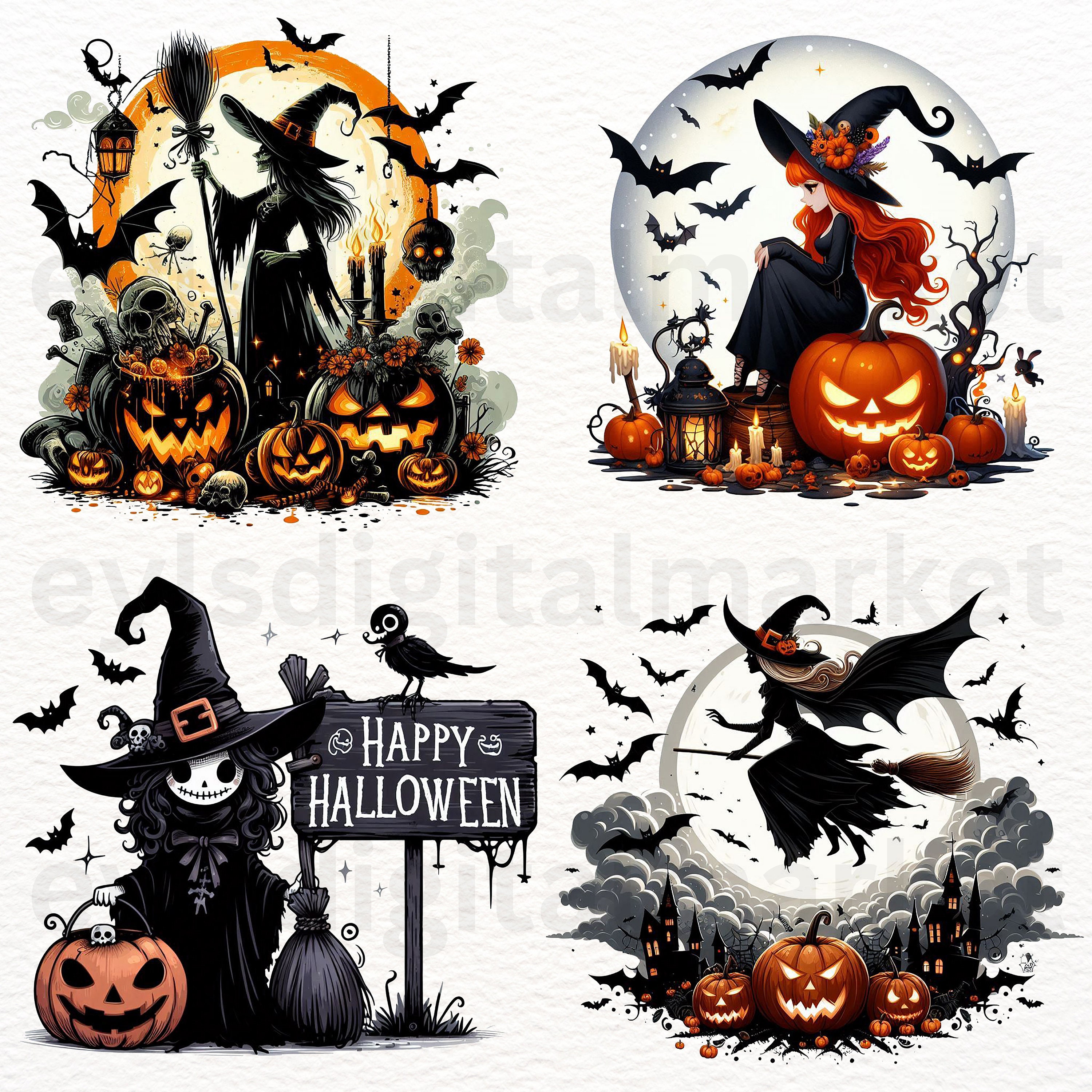 Happy Halloween Witch Clipart, 15 High Quality PNG Bundle, Vintage ...