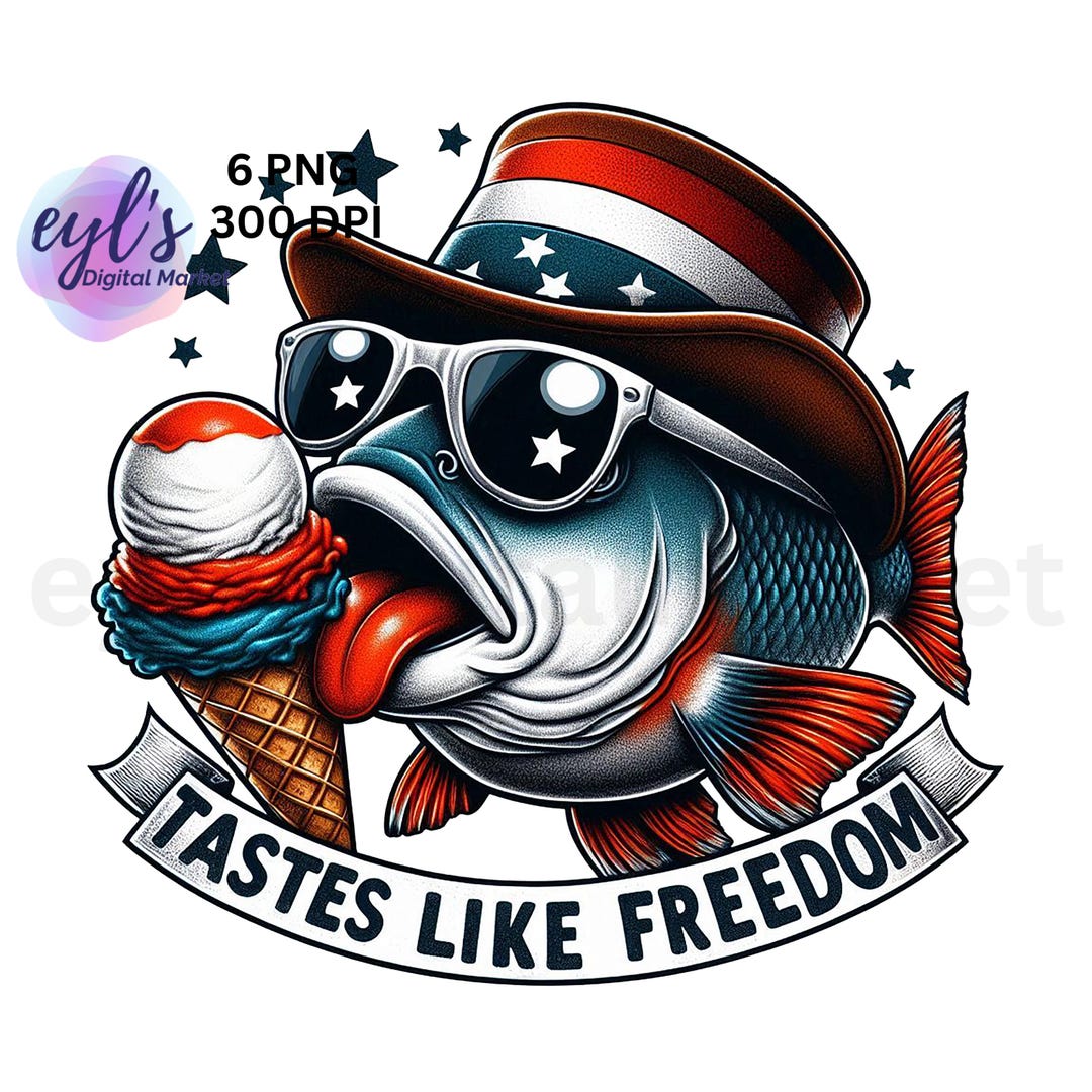 4th of July Fish Clipart, 6 High Quality PNG Bundle, American Bass Fish ...