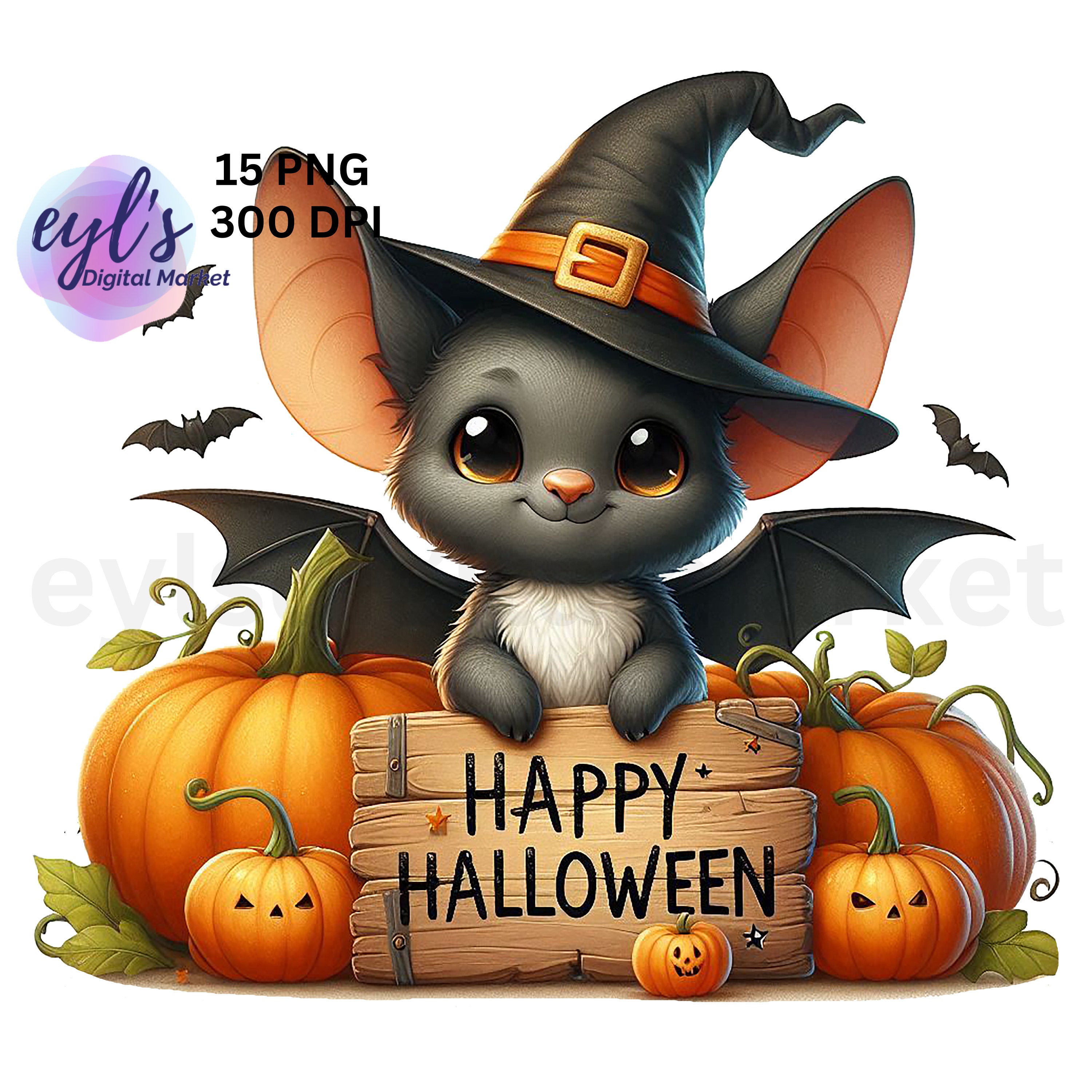 Happy Halloween Bat Clipart, 15 High Quality PNG Bundle, Vintage ...