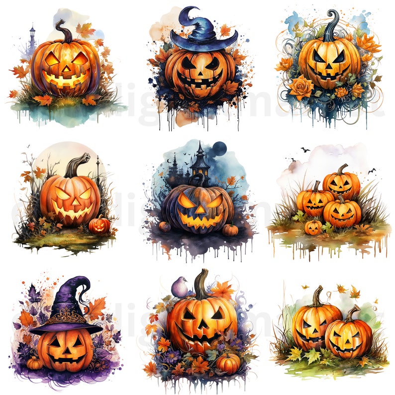 Watercolor Scary Halloween Pumpkin Clipart, 40 High Quality PNG Bundle ...