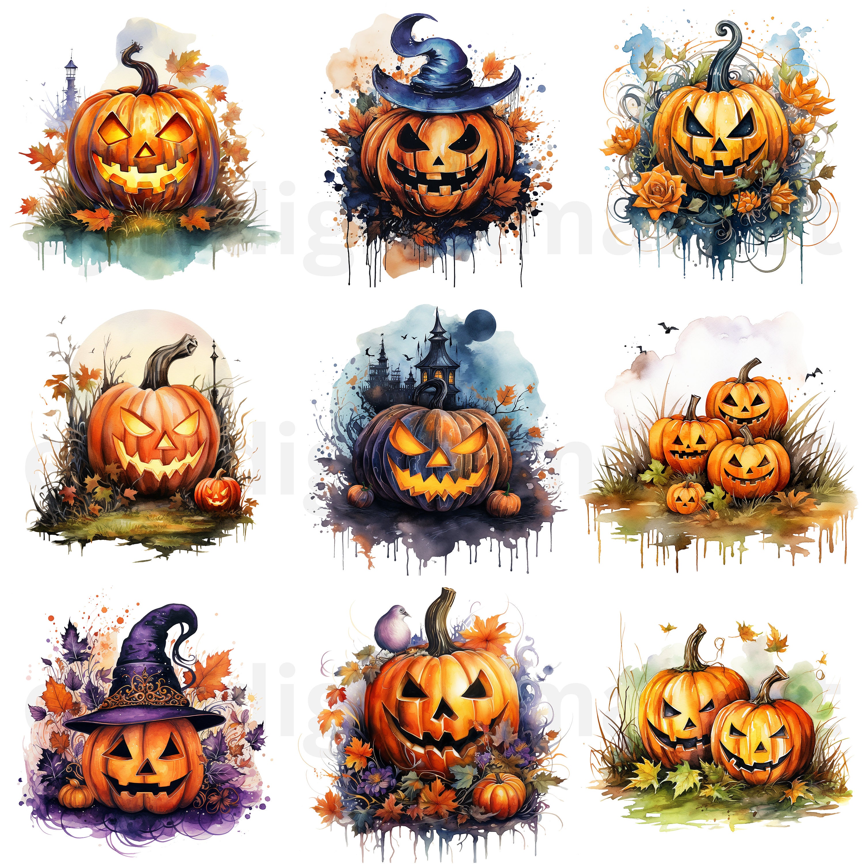 Watercolor Scary Halloween Pumpkin Clipart, 40 High Quality PNG Bundle ...