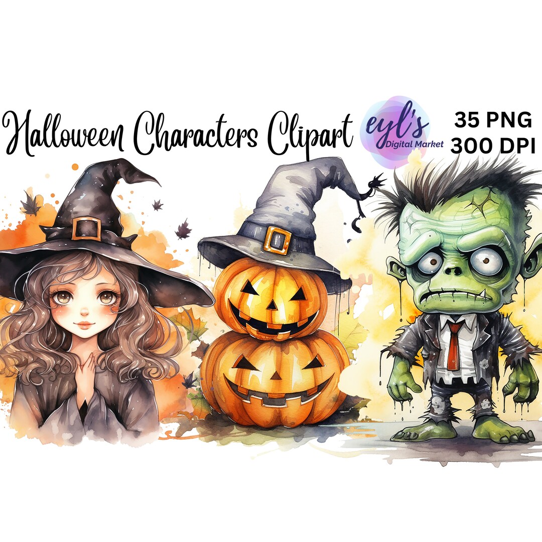 35 Watercolor Halloween Cute Cartoon Characters Clipart, Witch Ghost ...